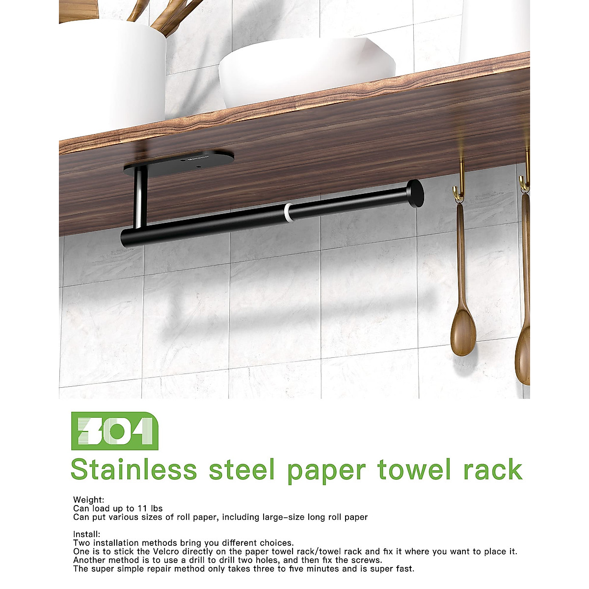 Adjustable Self-Adhesive Paper Towel Holder Under Cabinet, Under Counter Paper Towel Holder Wall Mount for Kitchen Bathroom Organization Storage, Adhesive and Screws, Extendable 7.5" to 14"