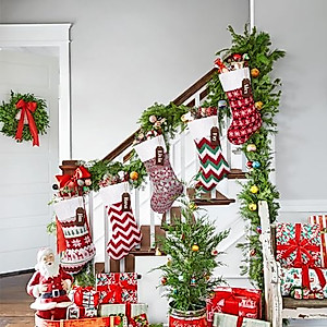 Ryoizen Christmas Stockings 5 Pack,16'' Xmas Stockings with Wool Knitted Stripe Plush Faux Fur Cuff Stockings for Stairs Fireplace Hanging Home Party Family Holiday Decor