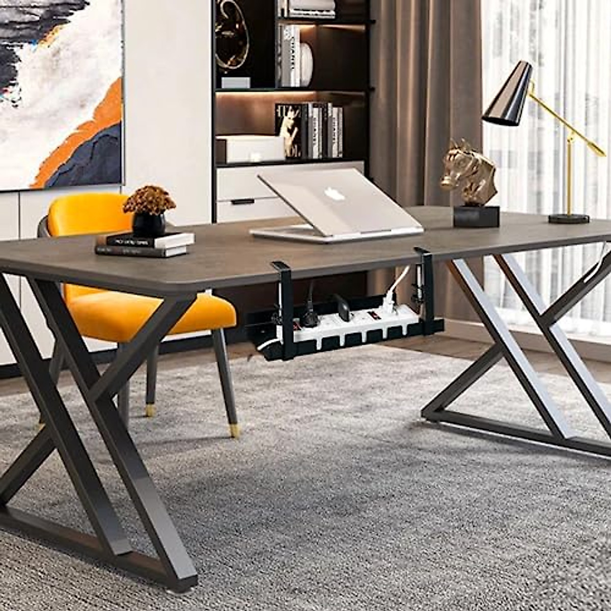 Metal Cable Management Tray Under Desk with Clamp Retractable Cord Organizer for Desk No Drill Cable Tray Basket for Wire Management Sturdy Metal Cable Management Under Desk with Clamp for Home Office