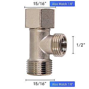 Bidet T Adapter - T Valve Adapter for Bidet, Made of Brass Coated Nickel(Thread Size 7/8″ x 7/8″ x 1/2″), 3 Way Adapter or Tee Connector