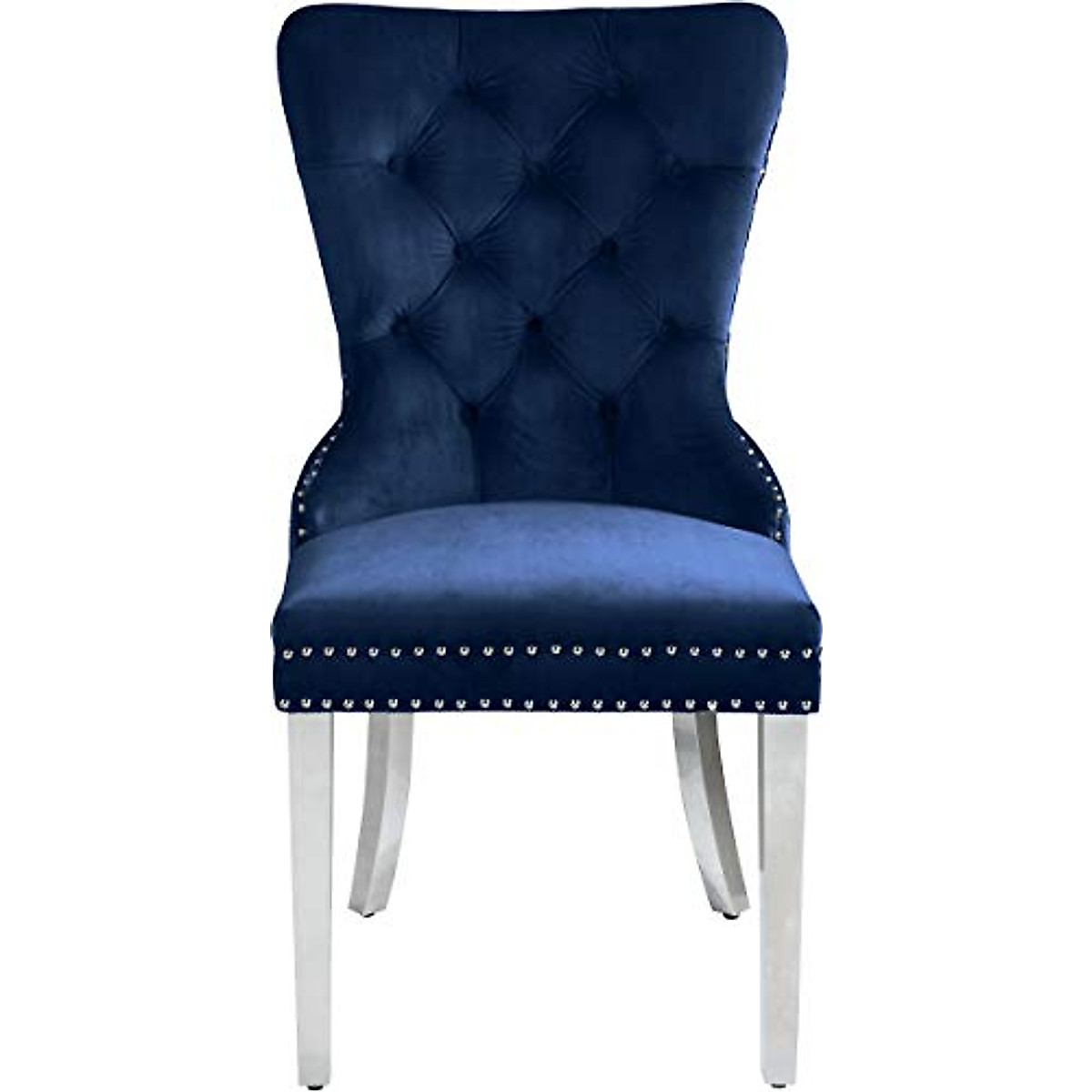 Meridian Furniture Carmen Collection Modern | Contemporary Velvet Upholstered Dining Chair with Button Tufting and Chrome Metal Legs, Set of 2, Navy, 21.5" W x 27" D x 39.5" H
