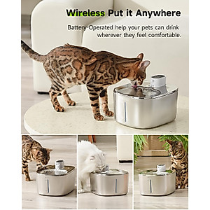 APD APETDOLA Wireless Cat Water Fountain, 135 fl oz/4L Battery Operated Cat Fountain Stainless Steel with Water Level Window, 3 Work Modes, Cordless Pet water Fountain for Cats, Dogs, Pets, Inside