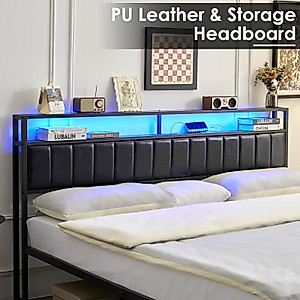 AMERLIFE King Size Platform Bed Frame, LED Bed Frame with PU Leather & Charging Station, 2-Tier Storage Headboard/No Box Spring Needed/Noise Free, Black