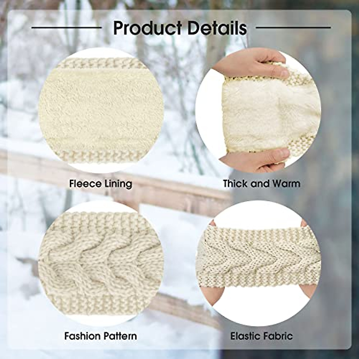 2 Pieces Womens Ear Warmer Headband Cable Knit Winter Headbands Fleece Lined Ear Warmers Stocking Stuffers Gifts,B-Black,Beige