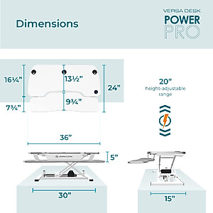 VERSADESK Electric Standing Desk Converter, PowerPro Height-Adjustable Sit Stand Desktop Riser with Keyboard Tray, USB Charging Port, 36" X 24", White