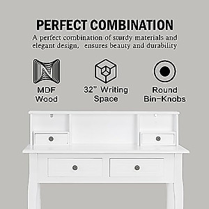 DMAITH Writing Desk with 4 Storage Drawers, Wood Secretary Desks for Home Office, Computer Desk Workstation Laptop Table, Small Vanity Desk for Bedroom, 42" W x 16" D x 36" H, White
