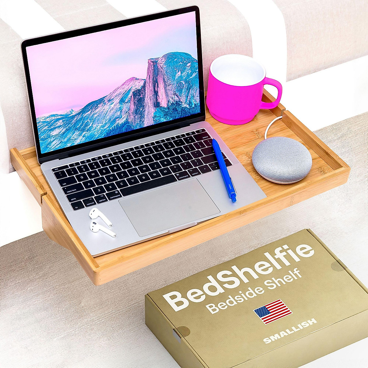 BedShelfie Bedside Shelf for Bunk Bed & Top Bunk, College Dorm Room & Loft Nightstand, Floating Bed Side Table Tray Storage - Natural Wood Plus