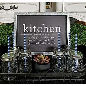 Sunshine Mason Co. Glass Mason Jar Set with Silver Lids and Blue Stripe Straws, Set of 6