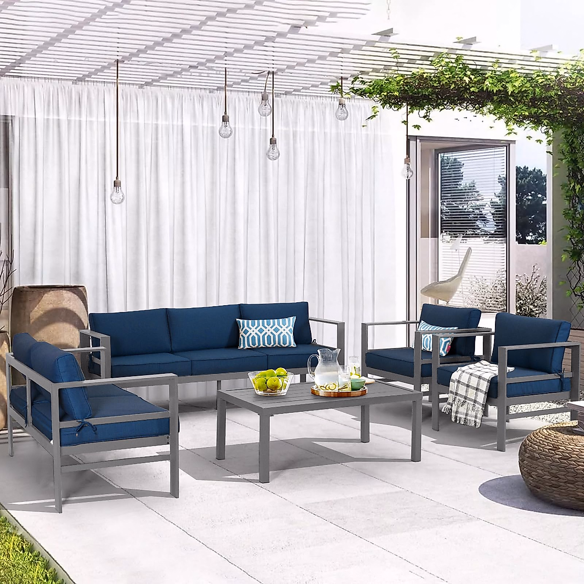 Auzfy 5 PCS Cast Aluminum Outdoor Patio Furniture Set, Metal Patio Conversation Furniture Set, Modern Outdoor Aluminum Patio Sectional Sofa Set with Removable Cushions and Coffee Table, Dark Blue