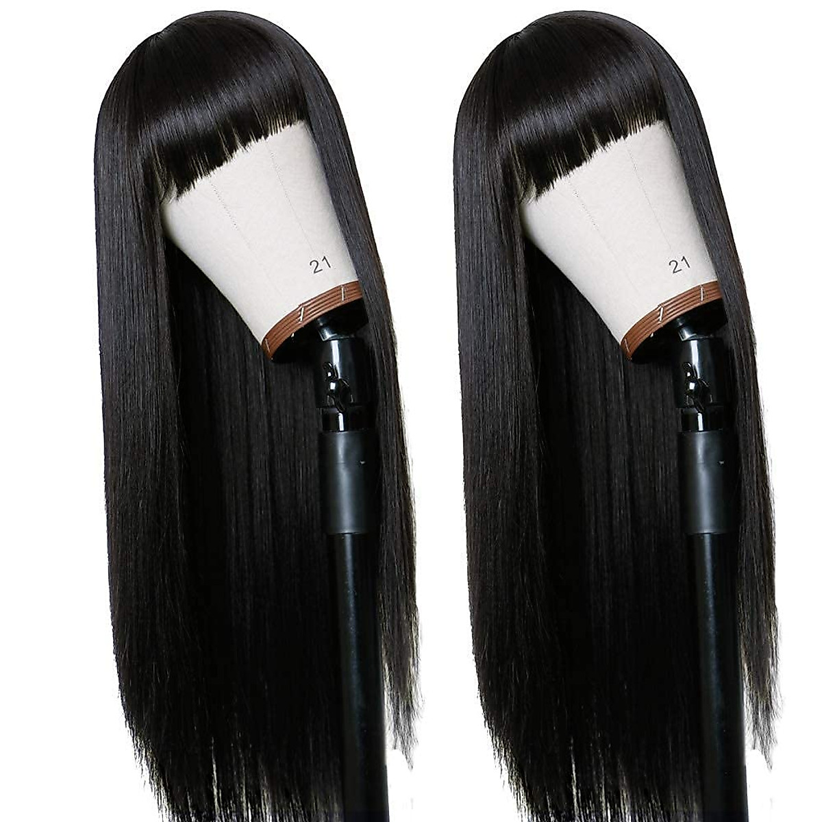 TIMANZO Long Straight Remy Hair Wigs Natural Black Heat Resistant Fiber Hair Full Machine Wig with Bangs Cosplay Party Wig For Fashion Women(24 Inches Natural Black Hair)