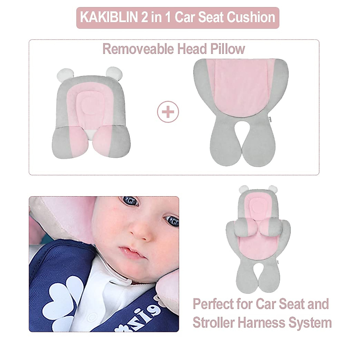 KAKIBLIN 2 in 1 Stroller Insert, Baby Car Seat Insert Newborn Head and Body Support Pillow Toddler Stroller Cushion for Baby Washable Baby Stroller Padding for Newborn, Pink