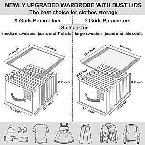 Riquie 2 Pcs Foldable Wardrobe Clothes Organizer for Jeans, Newly Upgrade Washable Closet Drawers Organizers and Storage Pants, Thin Coat with Handle Clear Lids Label (9 Grids Grey)