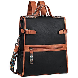 FADEON Leather Laptop Backpack for Women, Designer Ladies Work Travel Computer Backpack with Laptop Compartment Black Brown