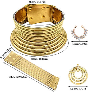 Beupy 6 Pieces Gold African National Tribal Costume Accessories Set Long Neck Collar Necklaces Metal Bracelet Gothic Chunky Nose Hoop Chain Swirl Earrings African Jewelry Set for Women
