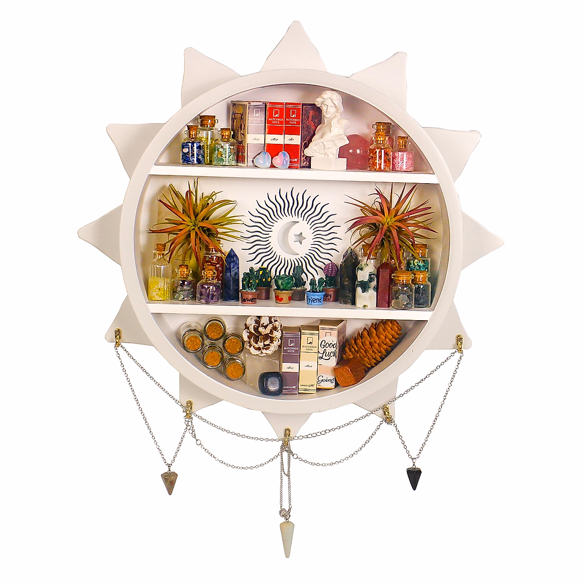 FNYDOX Large 15.1” Crystal Shelf Display for Wall with Hooks, Wooden Moon Shelf for Wall, Rock Gem Stone Display Shelf Wall Mounted - White