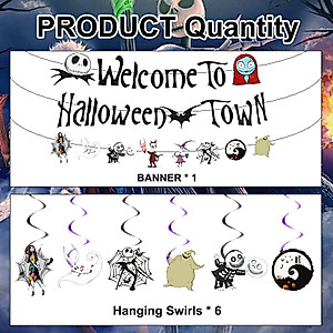 Glittery Welcome to Halloween Town Party Decorations,Welcome to Halloween Town Banner and Hanging Swirls,Halloween Nightmare Birthday Party Decorations