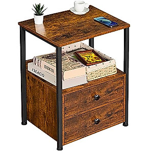 Lerliuo Nightstand, Industrial Bed Side Table with 2 Drawers Storage Open Shelf, Sturdy End Table with Steel Frame, Night Stand for Bedroom, Living Room, Vintage Brown