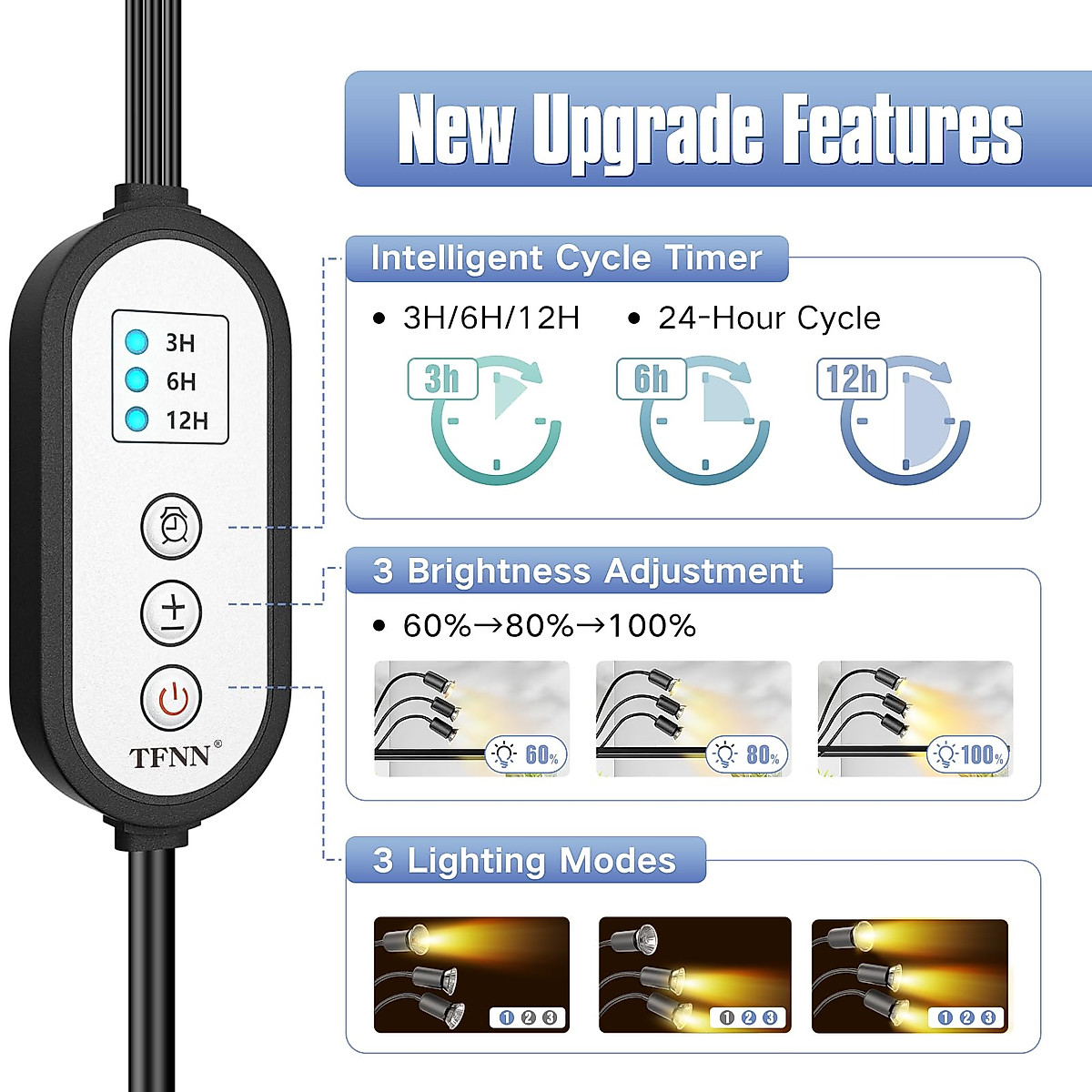 TFNN Reptile Heat Lamp, Three Head Reptile Light with Cycle Timer,UVA UVB light, dimmable Basking lamp for Tortoise, Bearded Dragon, Lizard, Snake, E26/27 Base with 4 Bulbs (50W)-Black