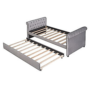 LCH Twin Size Daybed, Upholstered Daybed with Trundle, Wood Daybed Twin Size, Sofa Bed for Bedroom,Livingroom, Wood Slat Support Day Bed Frame,Easy Assembly,No Box Spring Needed,Grey