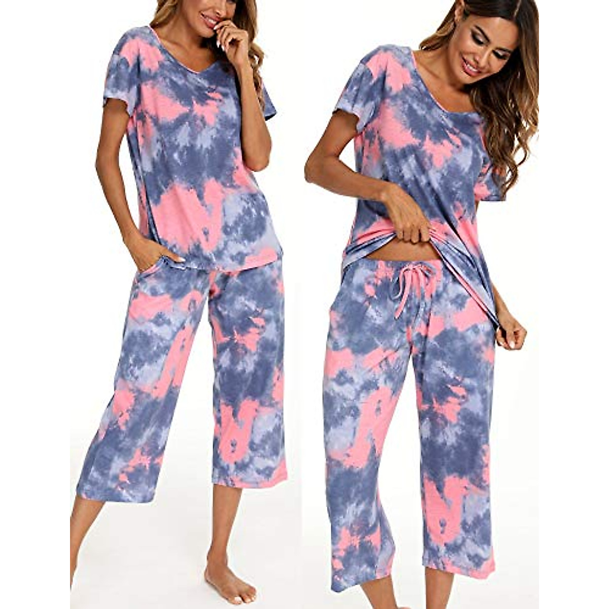ENJOYNIGHT Women's Tie Dye Printed Pajama Sets Sleepwear Top with Capri Pants Lounge Sets with Pocket(X-Large, Blue Pink)