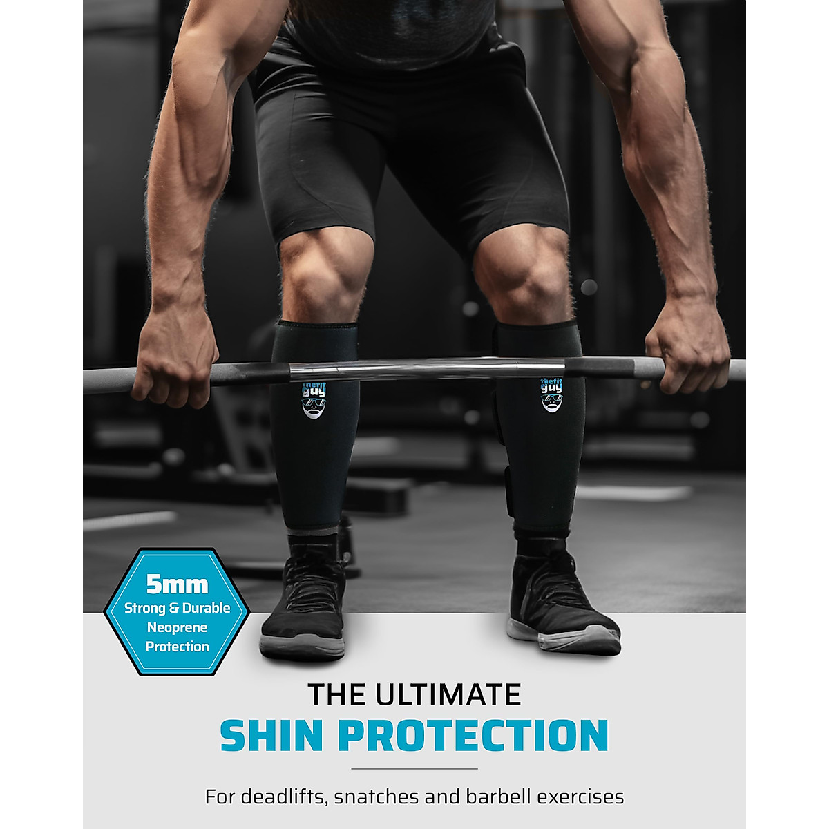 THEFITGUY Weightlifting 5mm Deadlift Shin Guards, EasyWear - No Need to Take Off Shoes, Wear Over Skin, Socks, Training Pants and Tights, Ultimate Shin Protection (Pair)