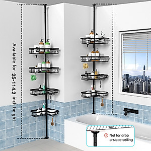 KEGII Corner Shower Caddy Tension Pole - Shower Tension Rod Organizer, Floor to Ceiling Shower Caddy 25-114.2 inch, Towel Rack Corner Waterproof, Black