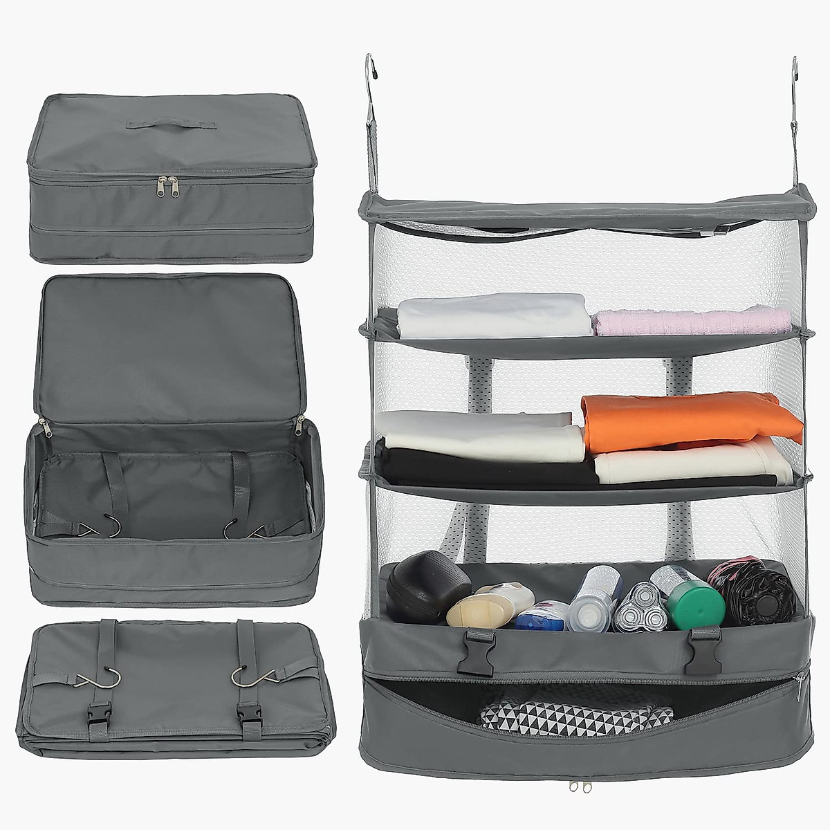 ELEZAY Hanging Packing Cubes Portable Closet Shelves Travel Collapsible Compression Garment Organizer for Carry-on Luggage Suitcase with Breathable Perforated Material X-Large_17.1*11.8*24.4 IN, Grey