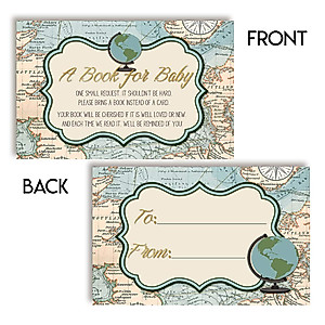 Adventure Awaits World Traveler Gender Neutral “Bring A Book” Cards for Baby Showers, 20 2.5 by 4 Inch Double Sided Insert Cards by AmandaCreation, Invite Guests to Bring A Book for the Baby