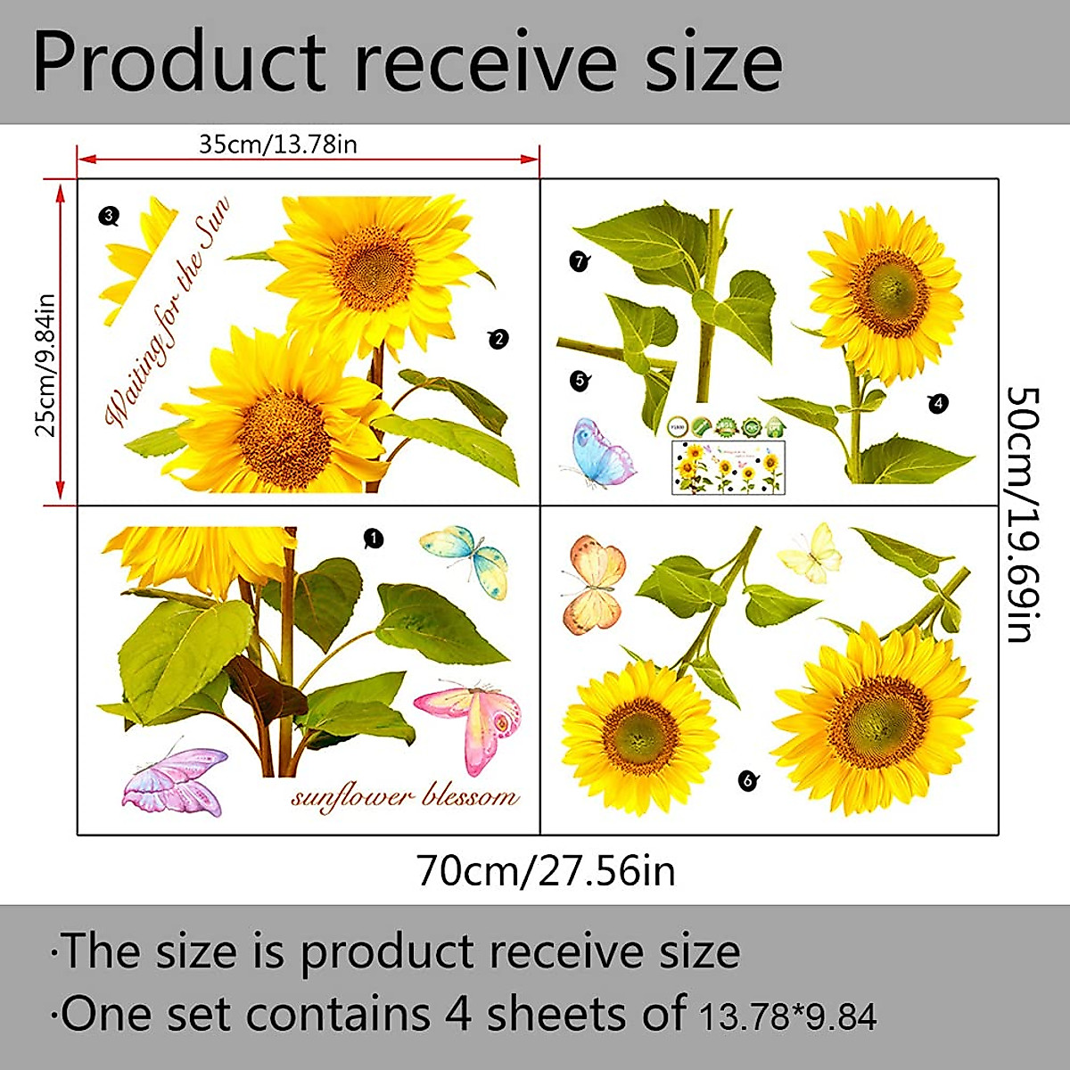 Sunflower Wall Decals Butterfly Sticker Garden Sun Flowers Plants Wall Sticker for Bedroom Living Room Kids Room Kitchen TV Background Wall Decoration Art Decor Sunflowers Wallpaper Peel & Stick