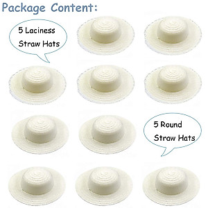 Only Lovuu 10Pcs DIY Straw Hats Set, 5 Laciness White Straw Hats + 5 Round White Straw Hats for Kids Creative Art Painting & DIY Tea Party Dress Up Hats