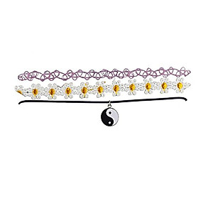 LUX ACCESSORIES Hippie Daisy Yin Yang Pink Tattoo Assorted Choker Set (3pc)