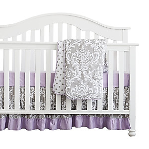 3 pcs Set Boho Floral Ruffle Baby Minky Blanket Baby Nursery Crib Skirt Set Baby Girl Crib Bedding (Grey Purple)