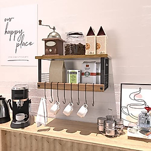 J JACKCUBE DESIGN Wall Mount Rustic Wood Floating Shelf, Coffee Mug Rack with 8 Hooks, 2 Tier Hanging Storage Shelves for Kitchen, Bathroom, and Living Room - MK455A