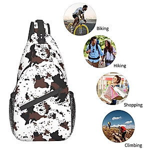 Cow Print Sling Bag Crossbody Backpack,Rustic Spotted Cow Fur Texture Black Brown Cowhide Chest Bag Adjustable Shoulder Backpack Western Farmhouse Animal Skin Travel Hiking Daypack For Men Women