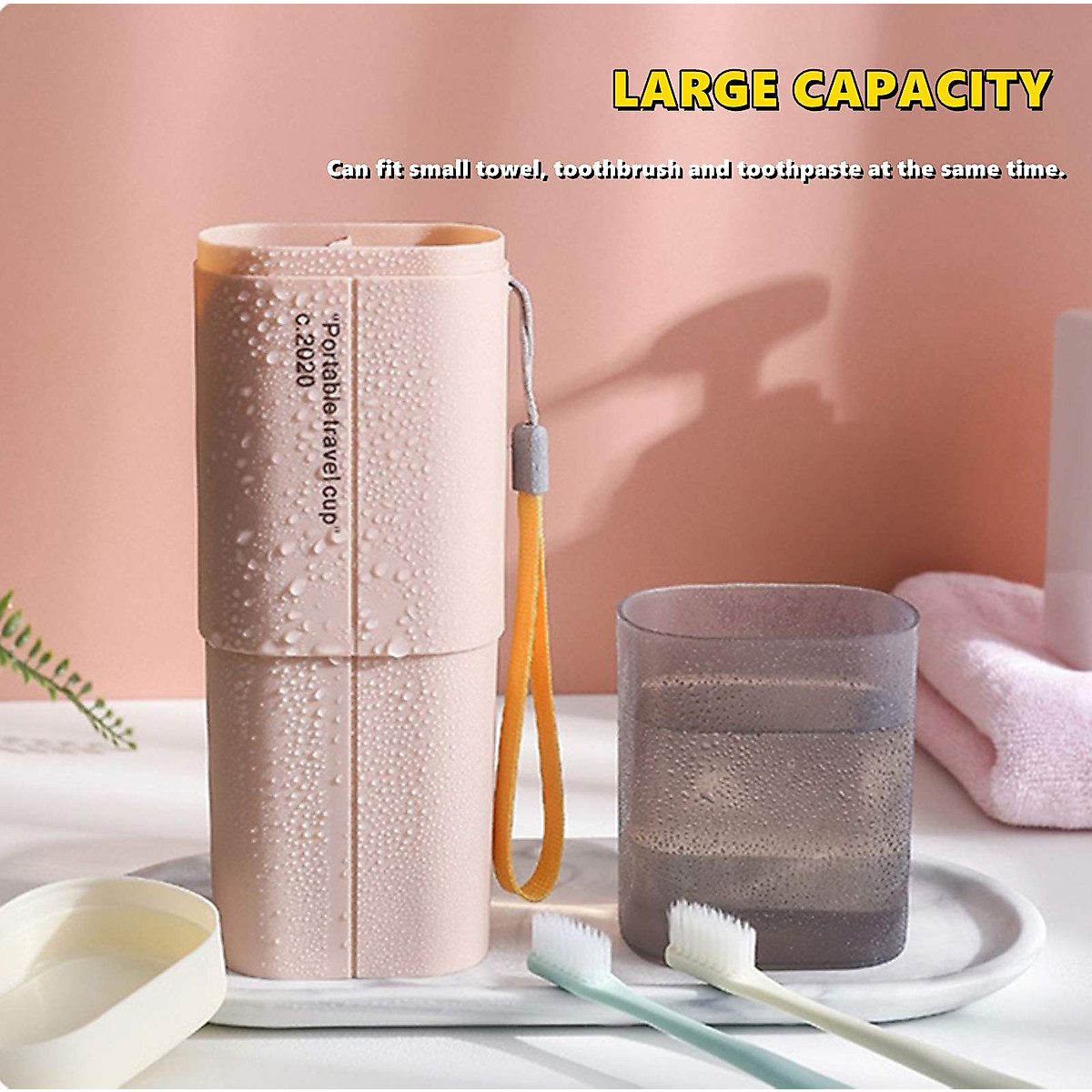 Travel Toothbrush Case Multifunctional Toothpaste Container Case Portable Business Trips Wash Cup Holder Organizer Toothbrushes Towel Storage Box for Traveling, Camping, Business Trip School, Pink