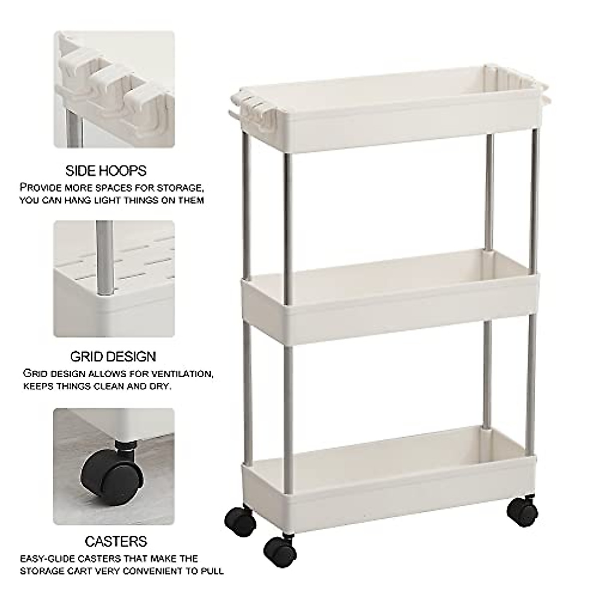 Slim Storage Cart, DILUOOU 3 Tier Rolling cart Bathroom Storage Shelving Organizer Slide Out Storage Cart for Kitchen Bathroom Laundry Narrow Place