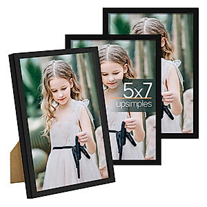 upsimples 5x7 Picture Frame Set of 3, Made of High Definition Glass for 5x7 Black Frames, Wall and Tabletop Display Thin Border Photo Frame for Home Décor