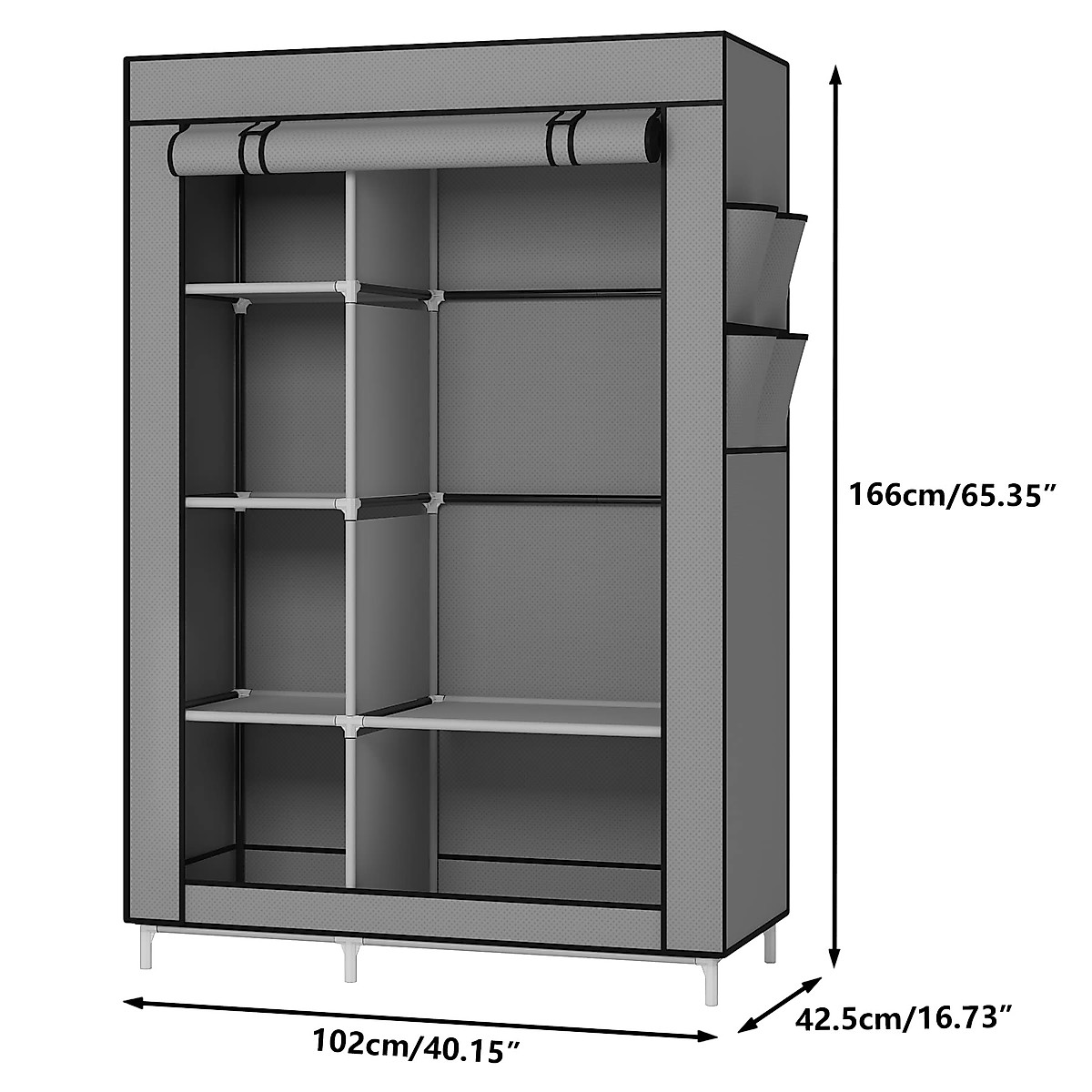 Calmootey Closet Storage Organizer,Portable Wardrobe with 6 Shelves and Clothes Rod,Non-Woven Fabric Cover with 4 Side Pockets,Grey