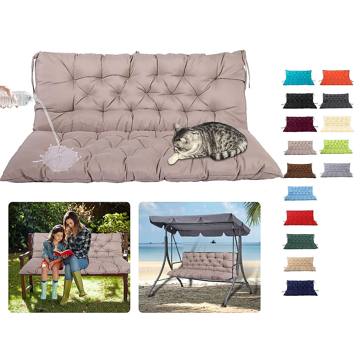 Odsiikly Patio Swing Cushions for Outdoor Furniture, Porch Swing Cushions 3 Seater Replacement, 60Inch x 40 Thicken 4" Waterproof Garden Swing Bench Cushions with Ties, Fit for 58"-62" Swings, Khaki