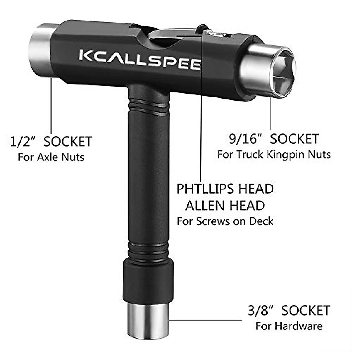 KCALLSPEE Skateboard Tool, All-in-One T Tool for Skating and Allen Key with Cross Screwdriver Head, Multi-Function Portable Skate Tools, Universal for Longboard Skateboard and More
