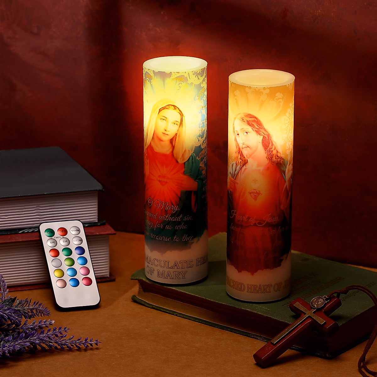 Landhoow 2 Pcs Religious Flameless LED Prayer Candle Real Wax Baptism Candle Set Immaculate Heart of Mary and Sacred Heart of Jesus Battery Operated Candles with Remote Control