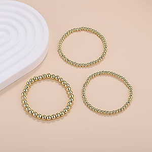 MOROTOLE 5 Pcs 14K Gold Plated Bead Ball Bracelet – Gold Beaded Bracelets for Women Stackable Stretch Elastic Bracelet Jewelry Gifts（4mm+6mm