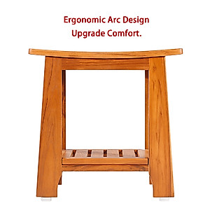Teak Shower Bench Seat with Handle 14 Inch/Teak Wood Shower Stool with Shelf/Wooden Bathroom Spa Bathing Stool/Waterproof Teak Shower Stool/Indoor and Outdoor Use,Patented Design.