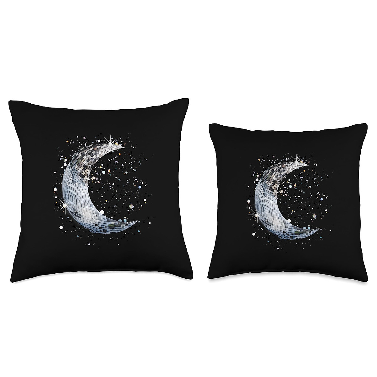 Random Galaxy Disco Ball Crescent Cute Moon, Black and White Throw Pillow, 16x16, Multicolor