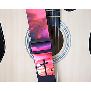 RAUYIVANY Guitar Strap, Sunset Cross Print Pattern with Leather End Guitar Straps, Adjustable Length, with Strap Lock + Button + 3 Picks for Acoustic, Electric, Bass and Classical Guitars