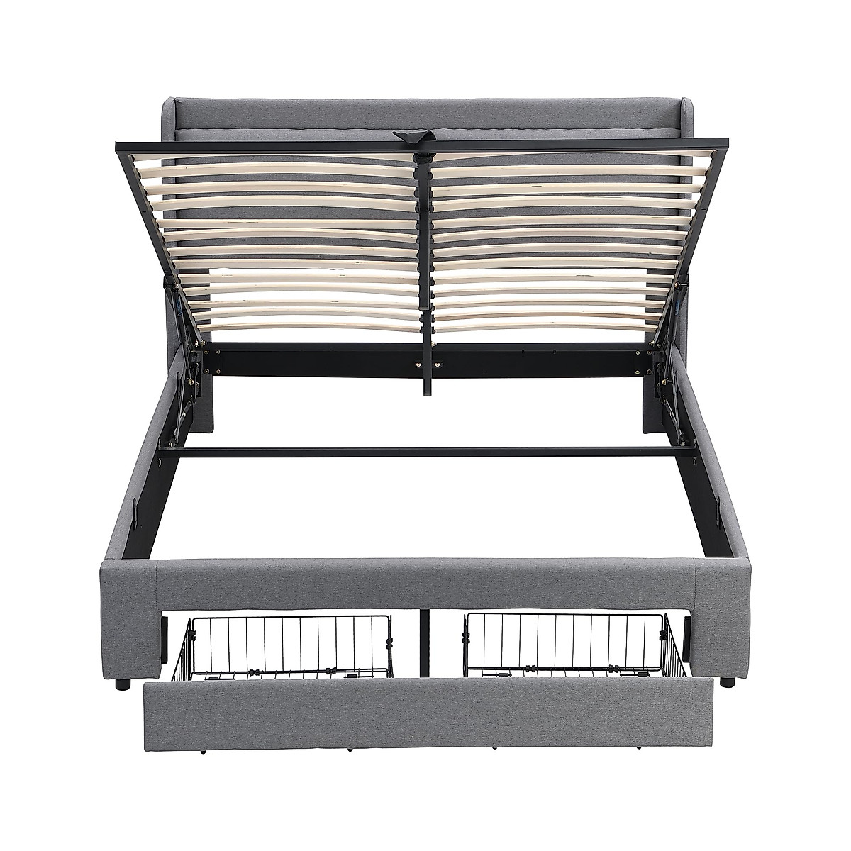 Queen Size Upholstered Platform Bed with Lift Up Hydraulic Storage System, Linen Upholstered Storage Platform Bed Frame with 2 Drawers for Bedrooms Guest Rooms, Sturdy Slats Support (Grey-US)