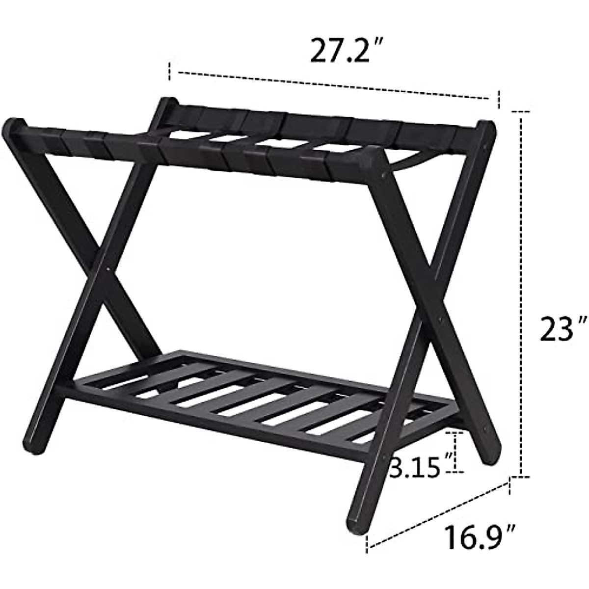 bimiti Bamboo Folding Luggage Rack with Shoe Shelf Double-Layer Luggage Rack Strong Bearing Capacity Luggage Holder for Bedroom,Guest Room,Hotel,Black