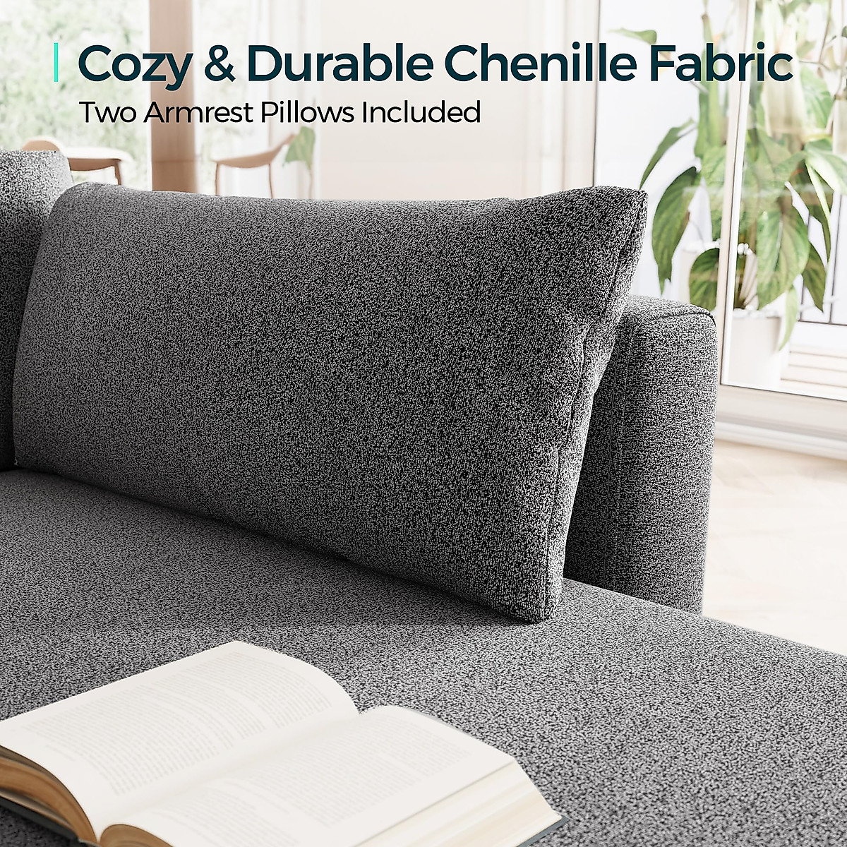 LINSY HOME Convertible Sectional Couch, Bouclé U-Shaped Sofa with Double Chaises and 2 Pillows, 4-Seat Modern Deep Oversized Couch for Living Room, Dark Grey