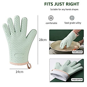 Yawcas Heat Resistant Silicone Oven Mitt,Oven Gloves with Fingers, Super Grip, Food Grade, Waterproof, for Cooking & Baking, Light Green, 2 Pack