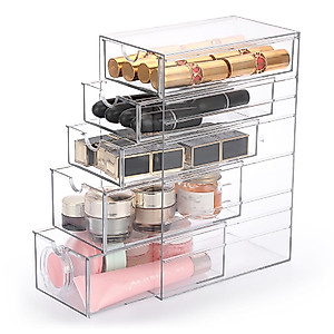 Hipiwe 5-Drawers Plastic Storage Organizer, Clear Hair Accessories Organizer with Large Capacity for Bathroom, Dresser, Cosmetic Hair Tie Container for Girls Women